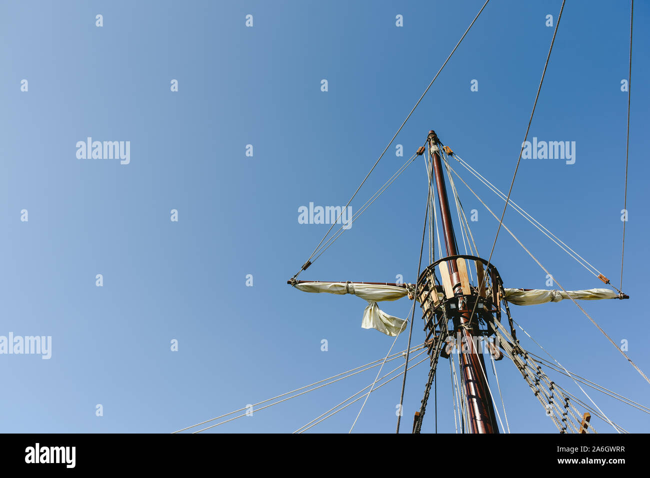 Sails and ropes of the main mast of a caravel ship, Santa María ...