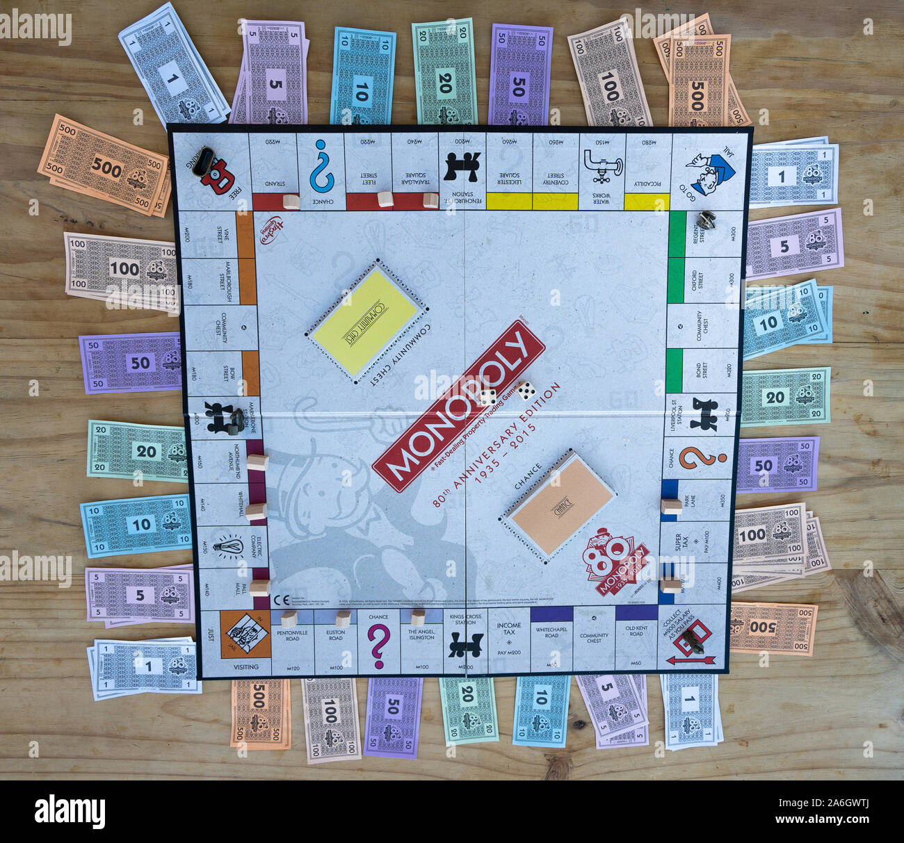 An above view, overhead view of the Monopoly board, 80th year ...