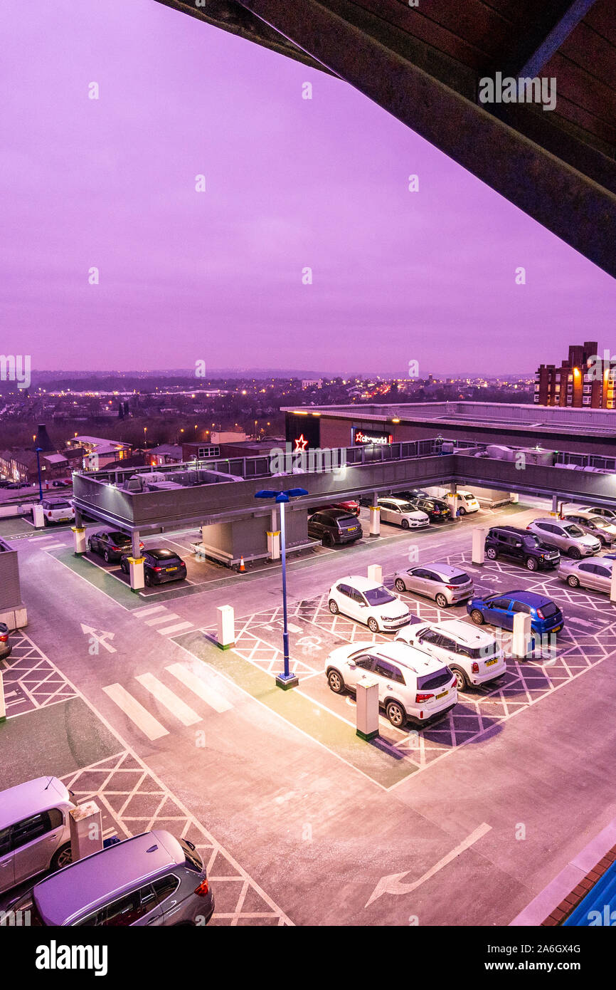 Rooftop view, night city scape from the multi storey car park, parking ...
