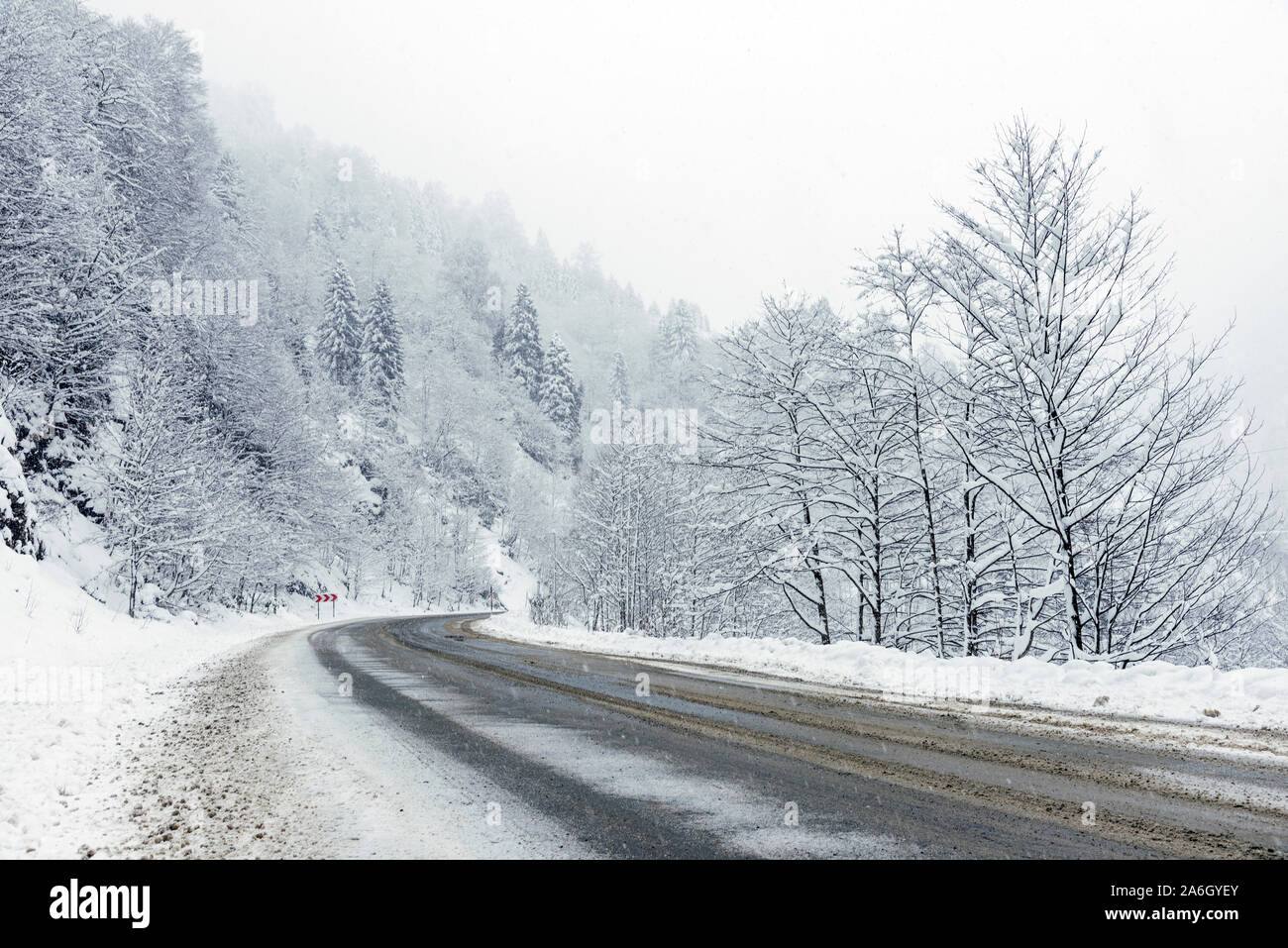 Snowy bending road scene in winter, with snowy trees, rocks and asphalt ...