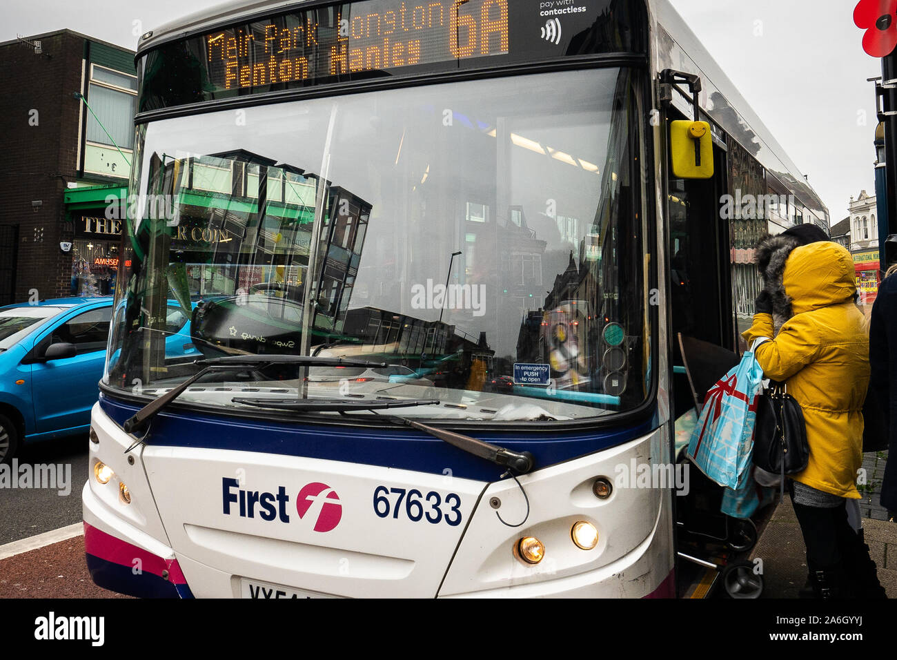 People queue and board the First bus service from Fenton, Longton to ...