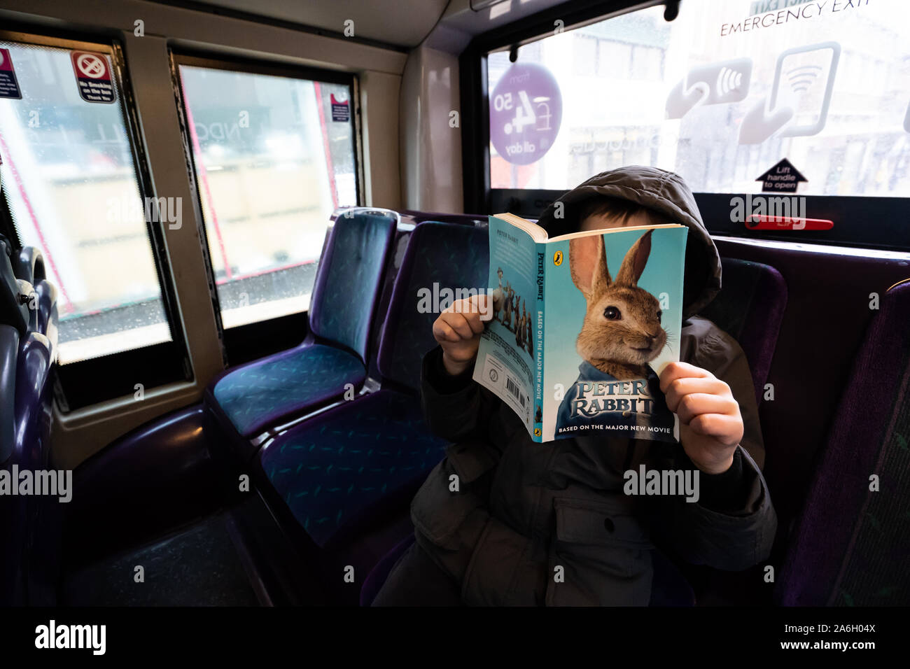 A little boy poses while reading a Peter Rabbit book on a bus from ...