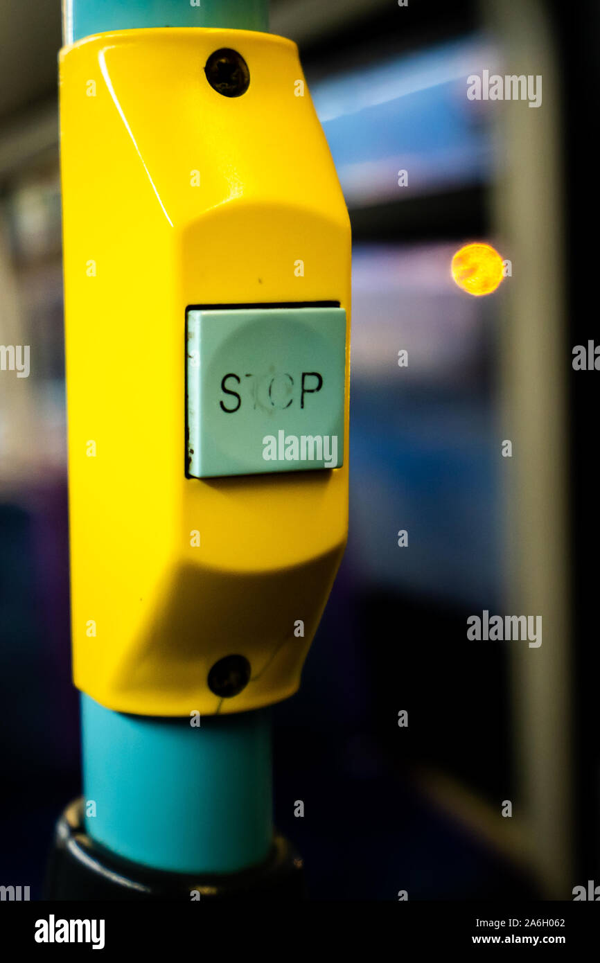 The green stop button on the First bus service, press this to ask the ...