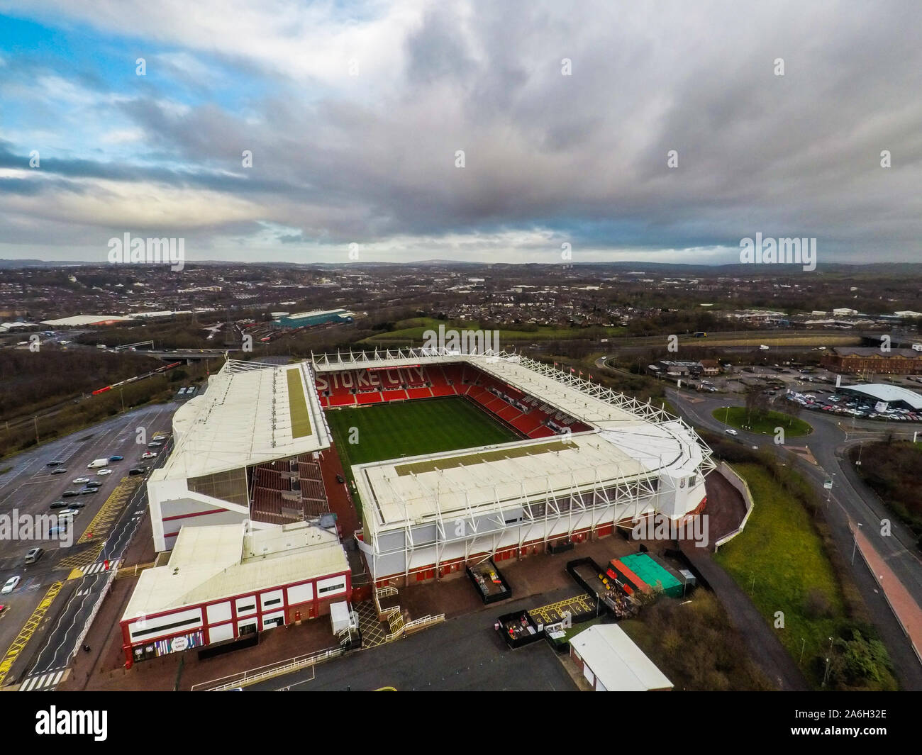 Aerial view of the BET365 stadium home of Stoke City Football Club, the ...