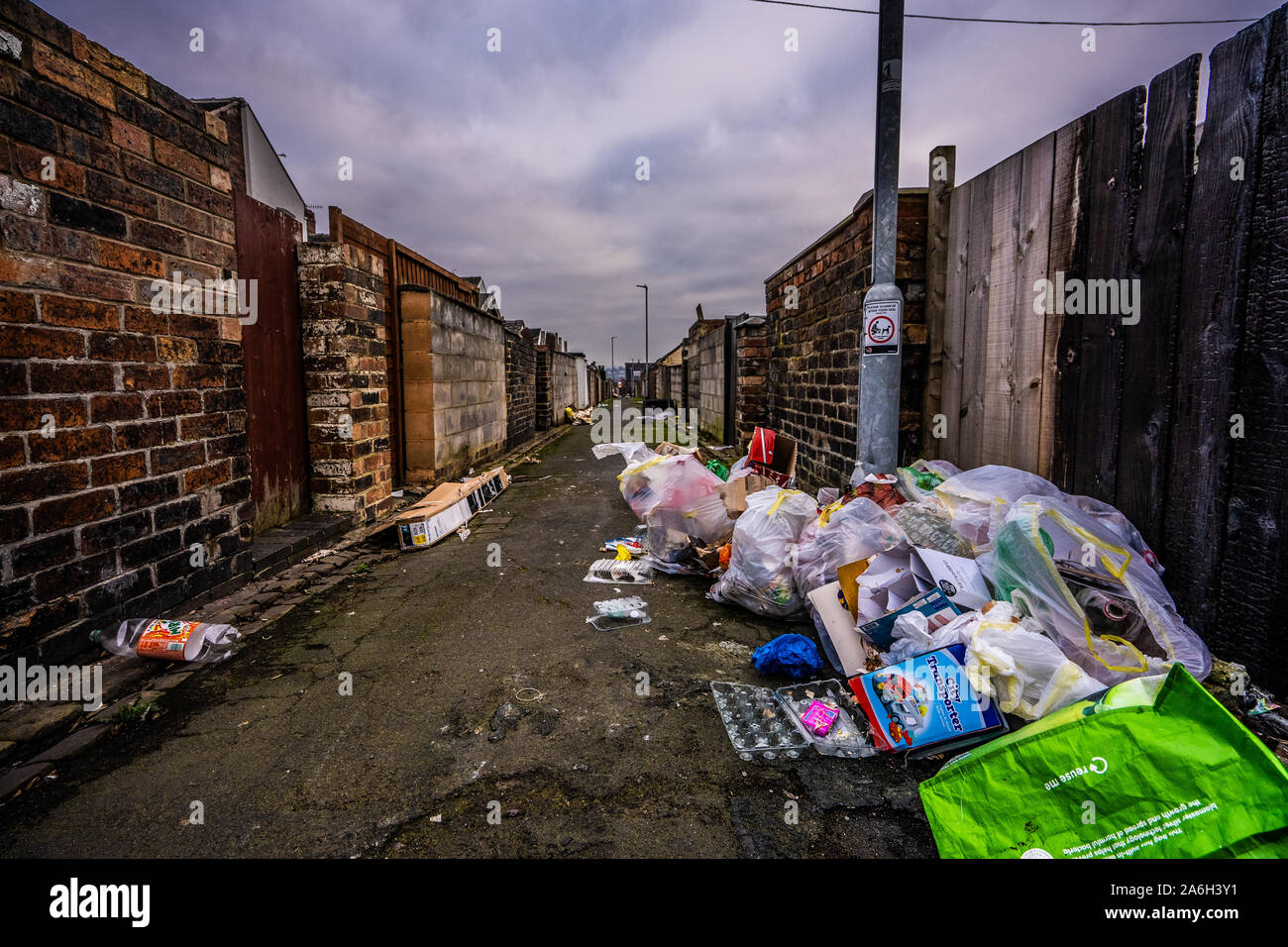 Rubbish and fly tipping dumped in the back alleys of the poverty ...