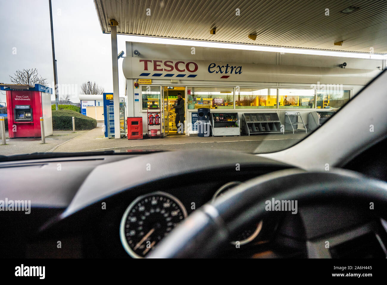 View of the Tesco Extra petrol station shop, store from the drivers ...