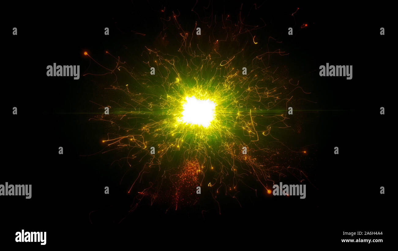 Gold and yellow futuristic space particles in bright round energy ...