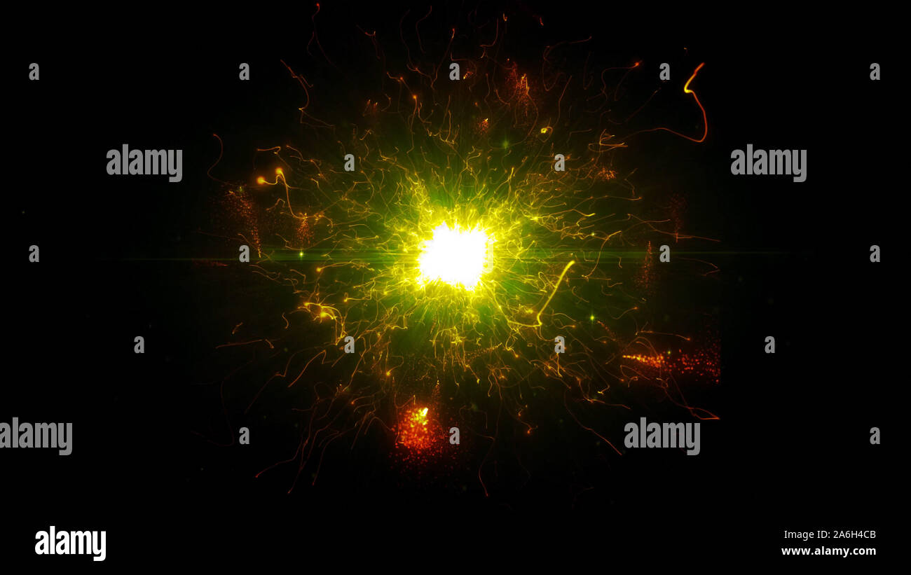 Gold and yellow futuristic space particles in bright round energy ...