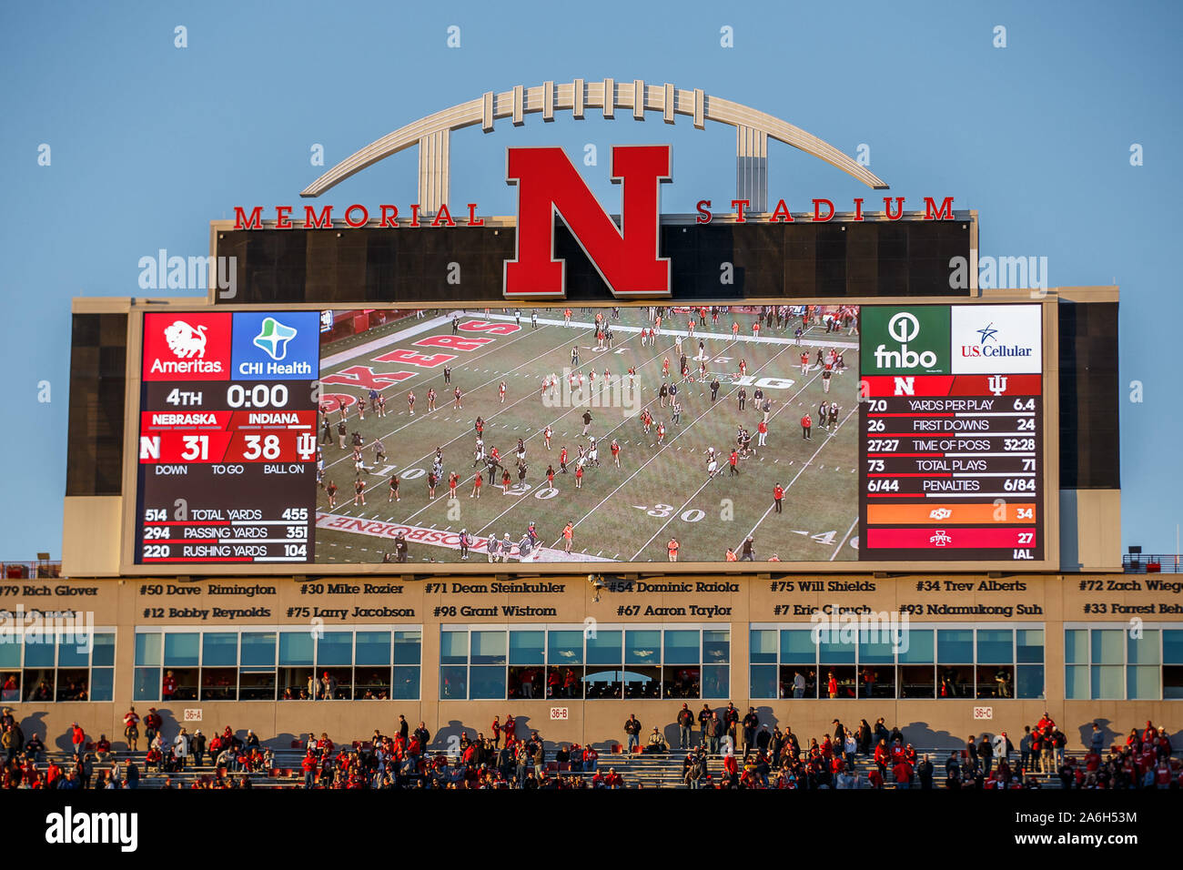 Lincoln, NE. U.S. 26th Oct, 2019. The south end zone score board ...