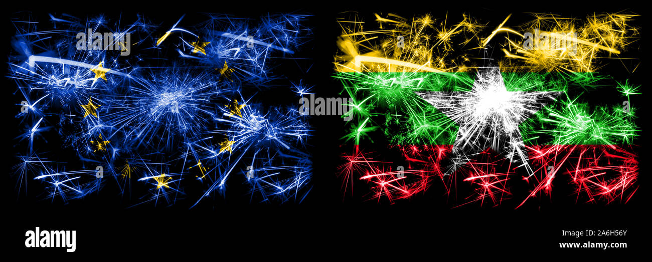 Eu, European union vs Myanmar new year celebration sparkling fireworks ...