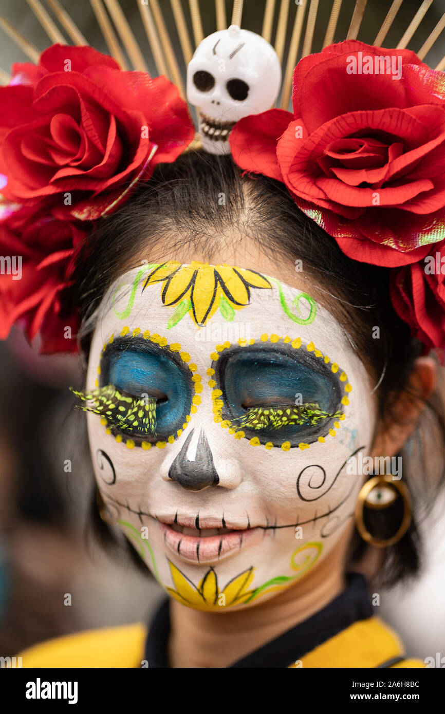 Mexico City, Mexico, 26/10/19, A woman dressed as Catrina attends the ...
