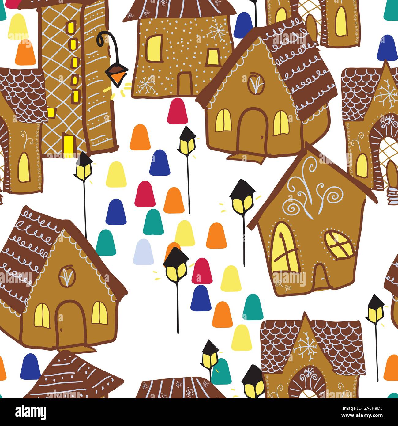 Seamless background of gingerbread village. Vector illustration of ...