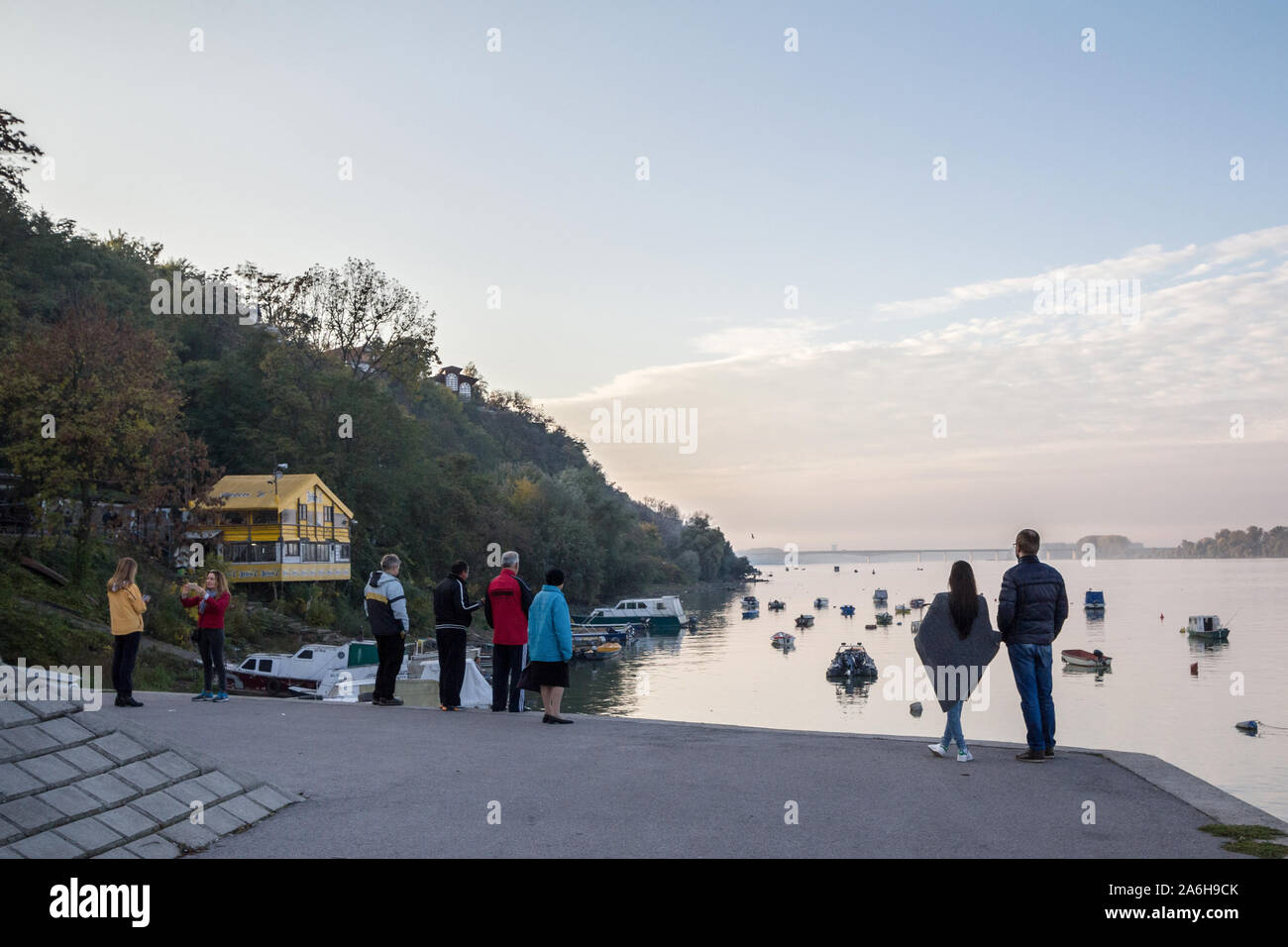 BELGRADE, SERBIA - OCTOBER 23, 2016: People standing on Zemun Quay ...
