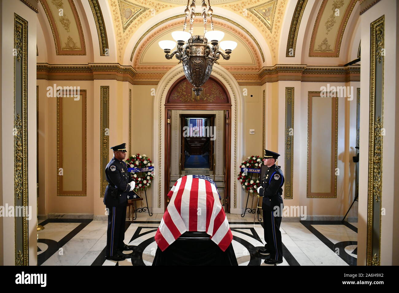 The casket bearing the remains of United States Representative Elijah ...
