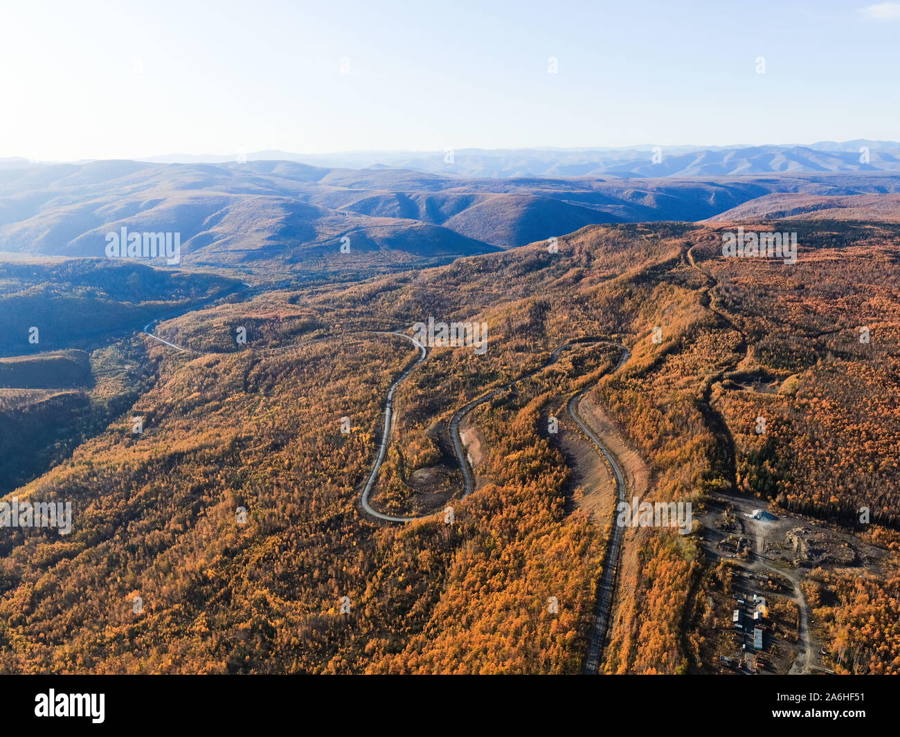Top view of the taiga forest, river, road . The vast expanses of ...