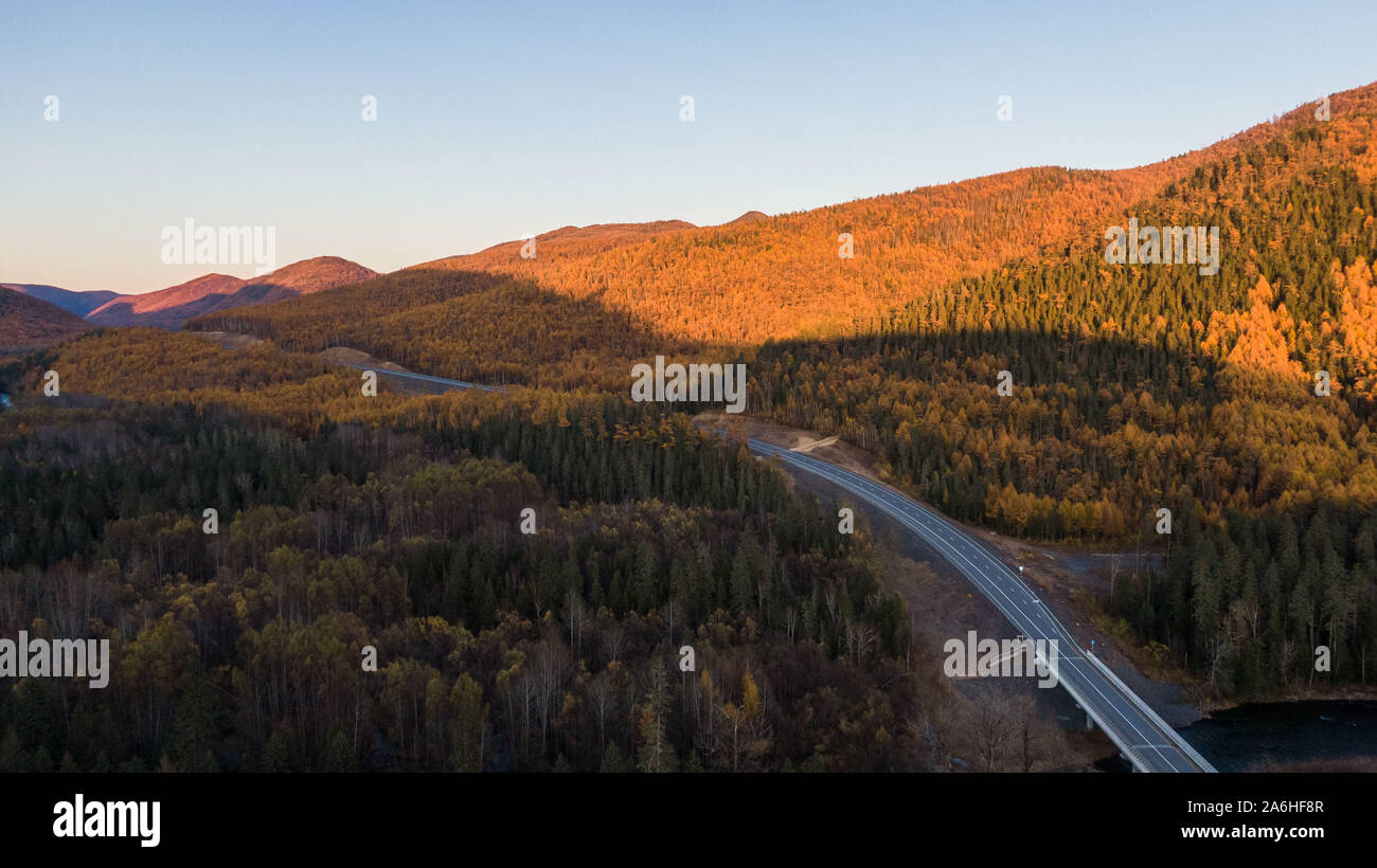 Top view of the taiga forest, river, road . The vast expanses of ...
