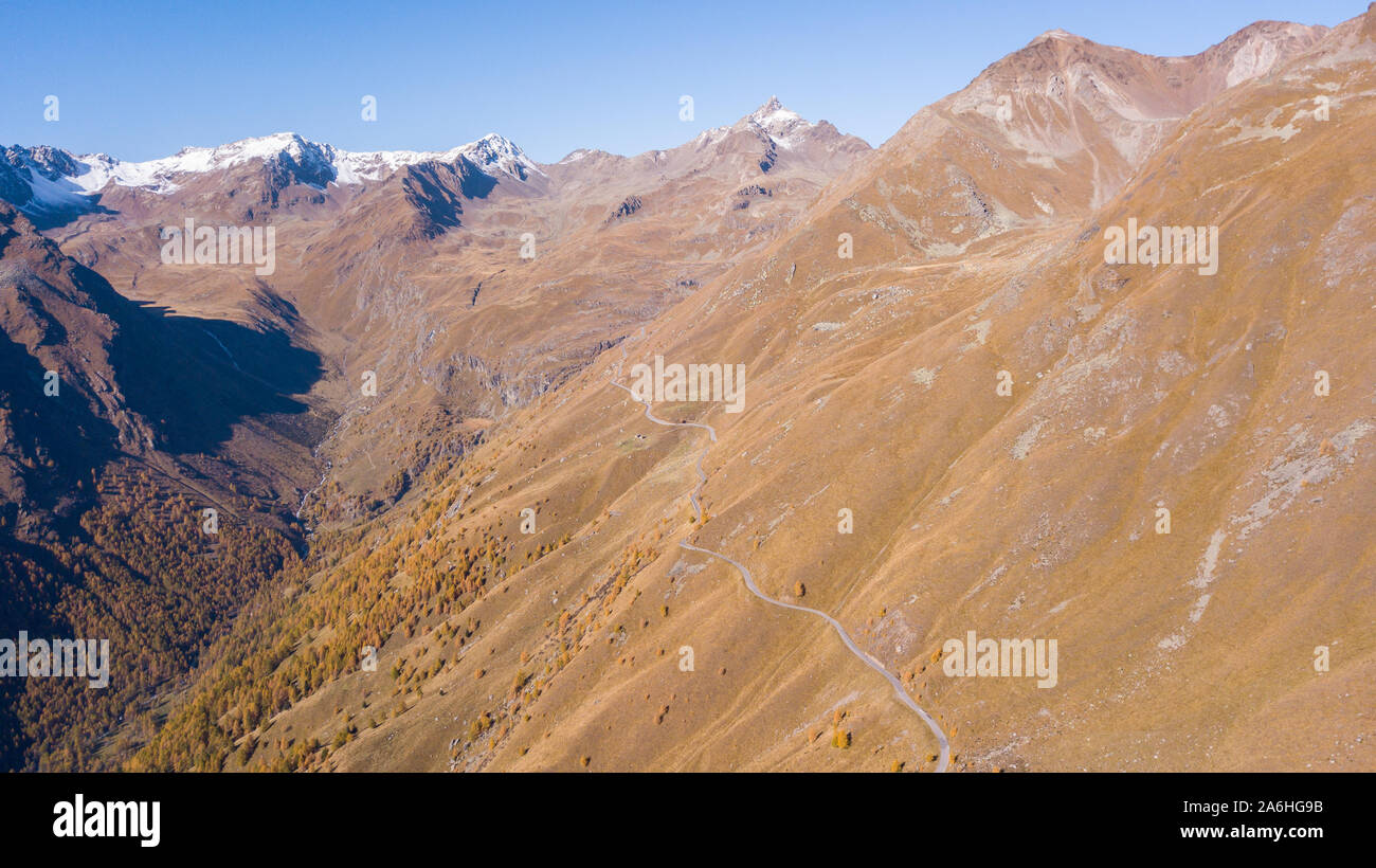 Road to the Gavia mountain pass in Italy. Amazing aerial view of the ...