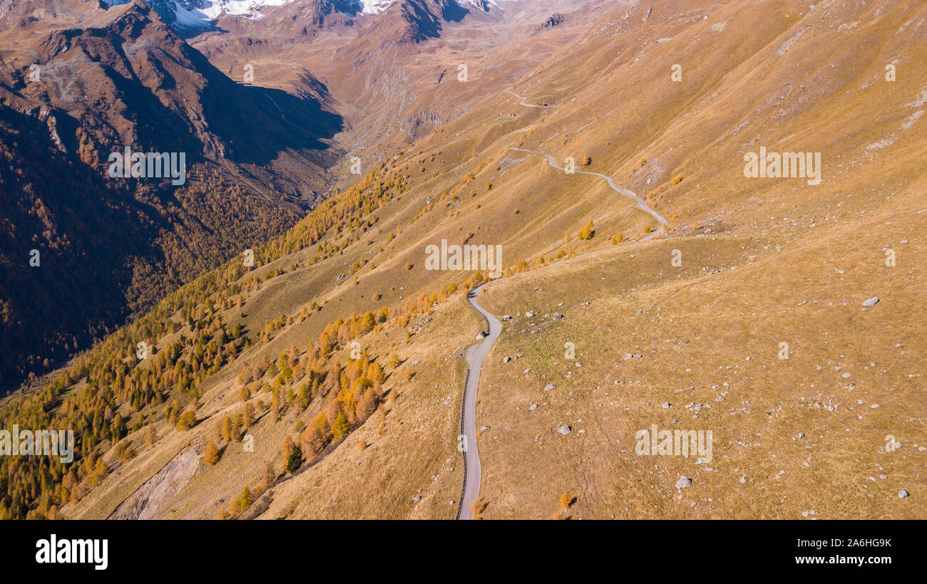 Road to the Gavia mountain pass in Italy. Amazing aerial view of the ...