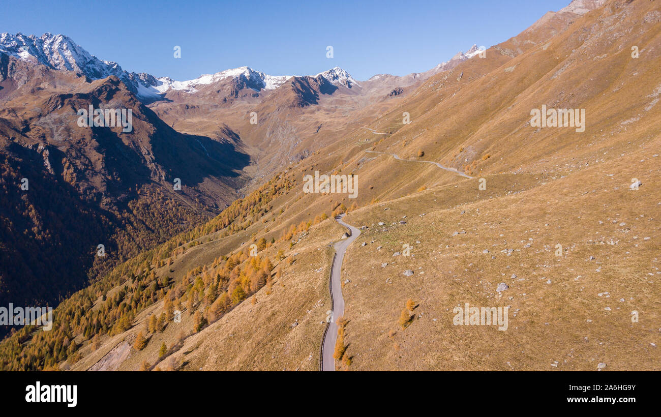 Road to the Gavia mountain pass in Italy. Amazing aerial view of the ...