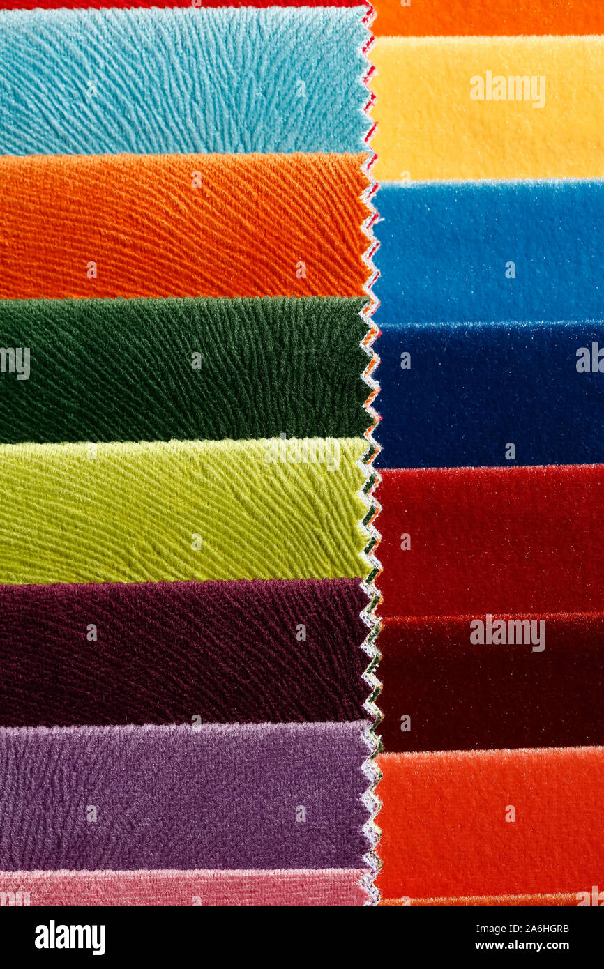 Masterly bright contrast colourful fabric samples close-up Stock Photo ...