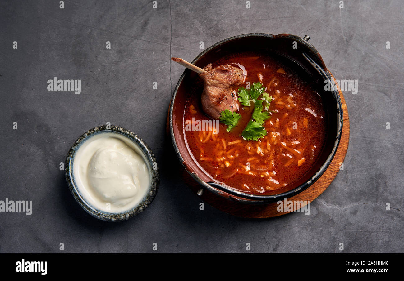 hot red soup with meat Stock Photo - Alamy