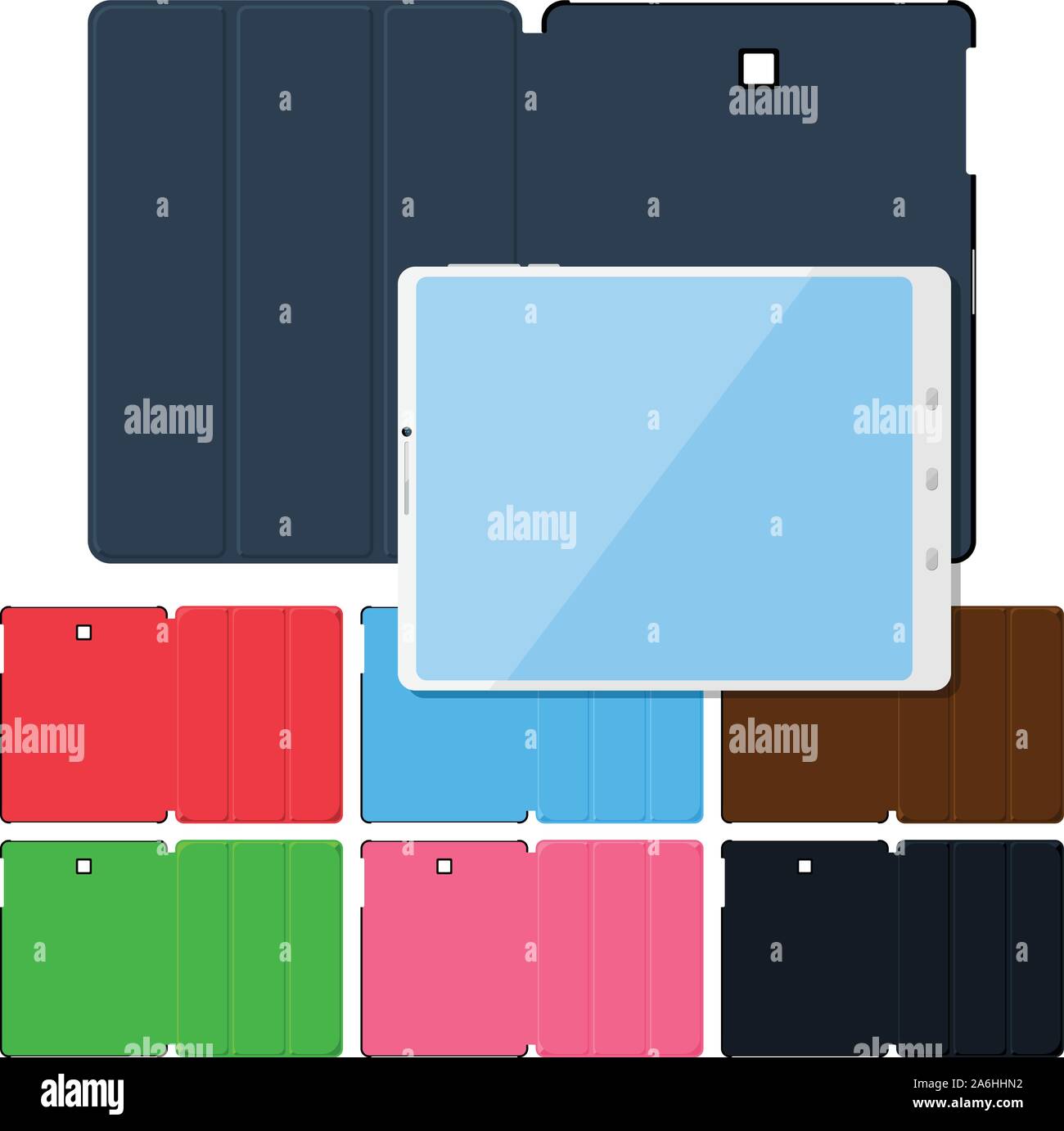 Set of colorful flat tablet pc cases. Black, leather, green, red, blue ...