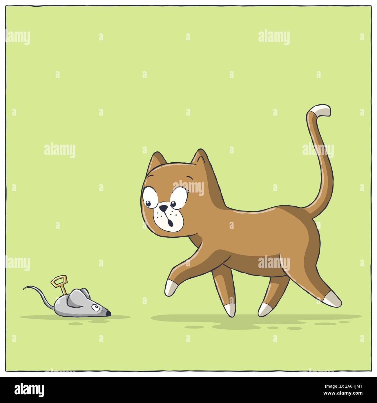 Cat finds toy mouse. Hand drawn vector illustration with separate ...