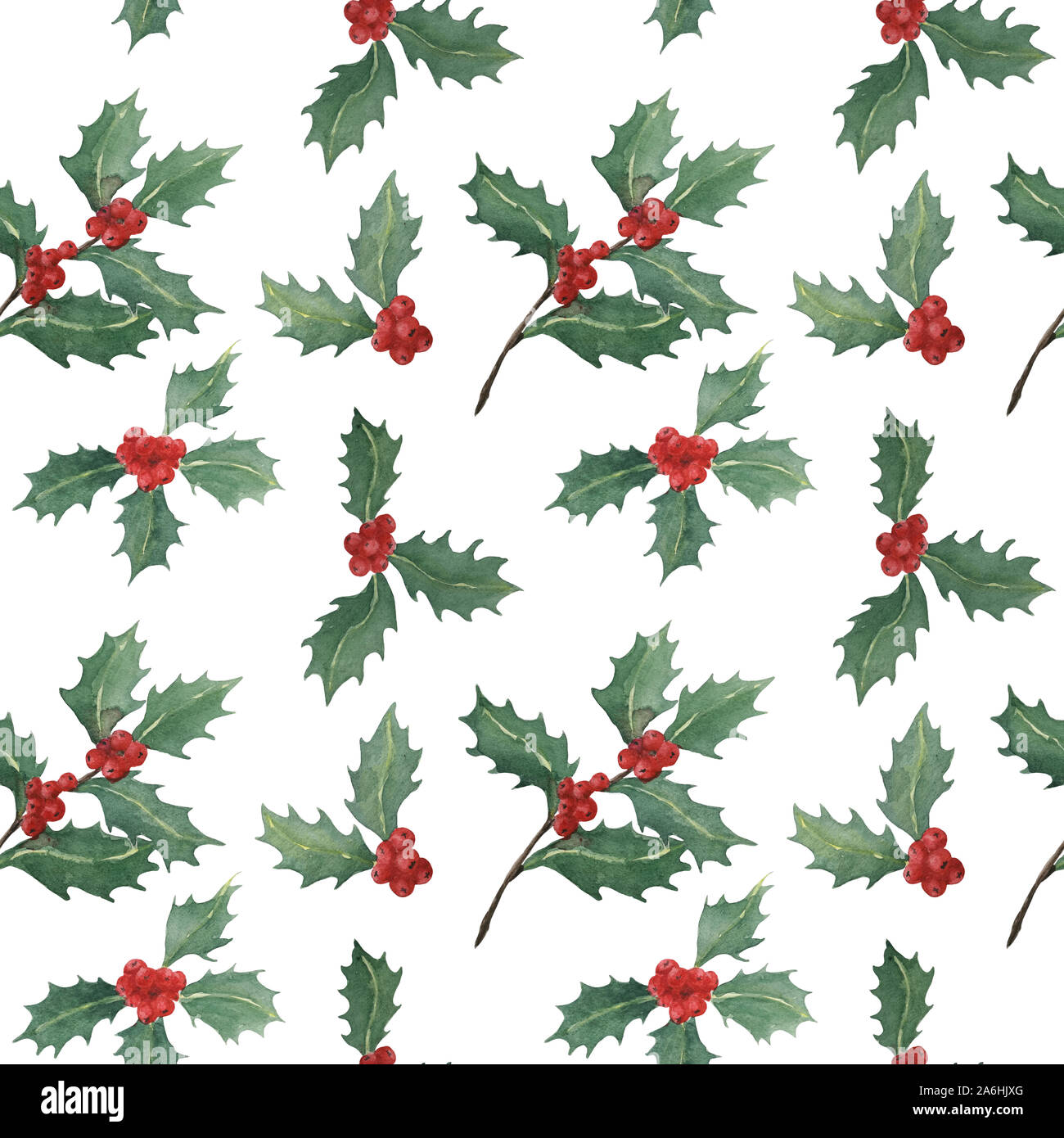 watercolor hand painted seamless pattern of holly branches, Christmas ...