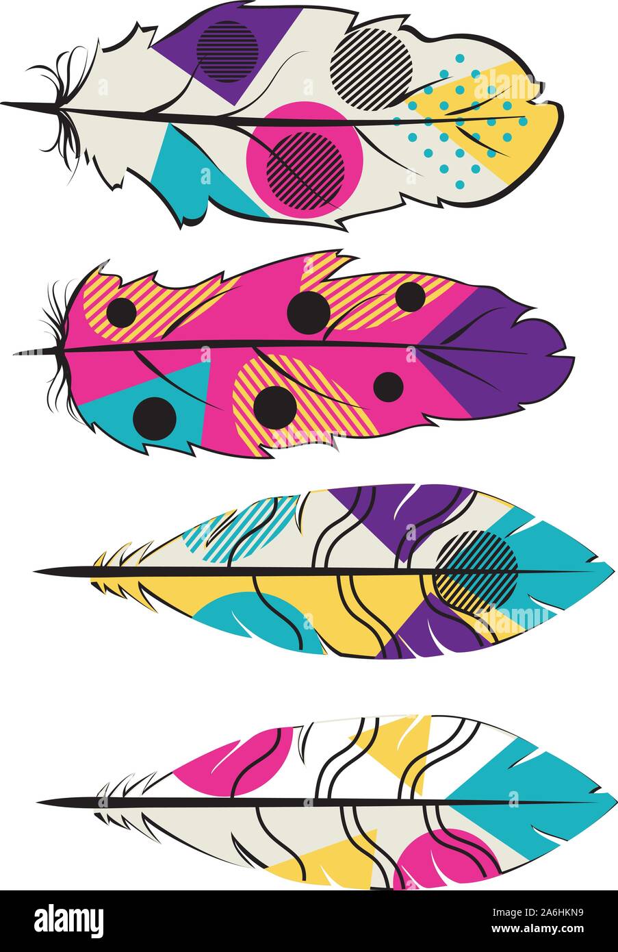 Collection of decorative stylized colorful feathers design illustration ...