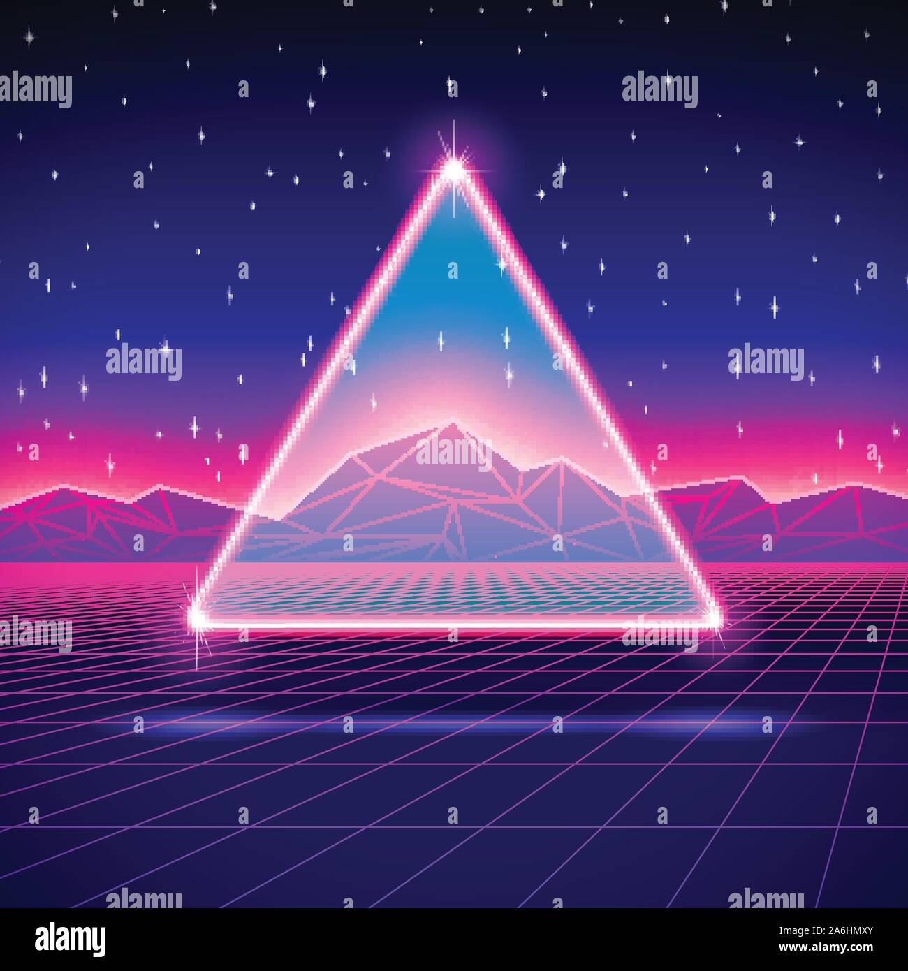 Retro futuristic landscape with triangle and shiny grid Stock Vector ...