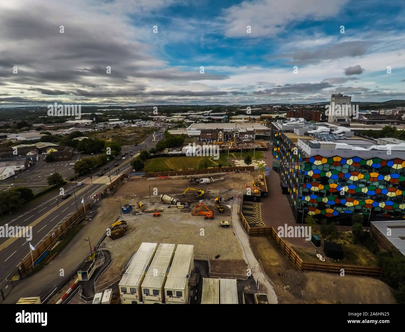 Aerial view of work continuing on the new Hilton hotel complex at the ...