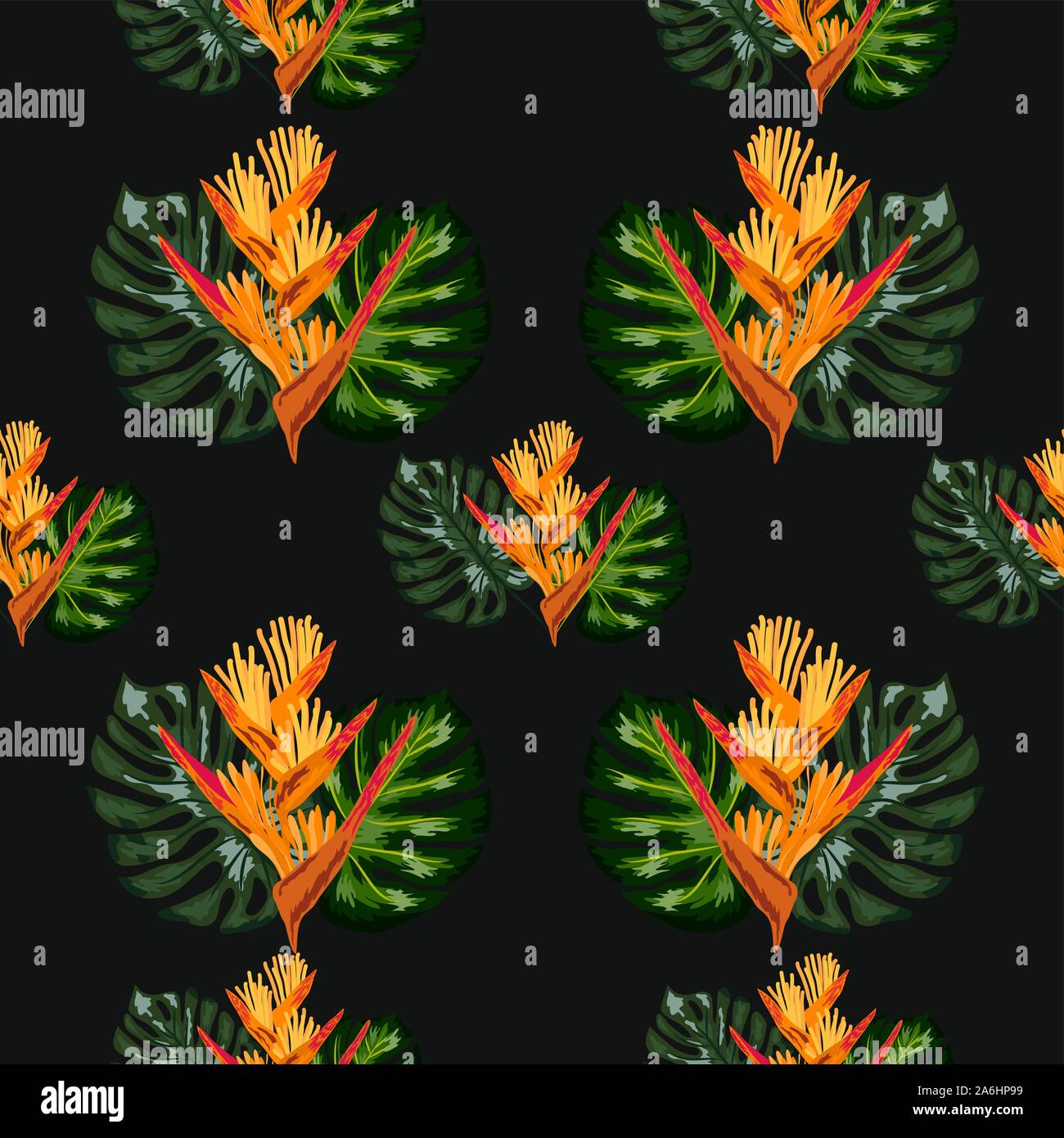Summer jungle pattern with tropical flowers heliconia or lobster-claw ...