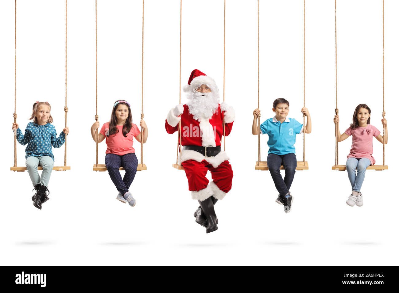 Santa Claus with one boy and three girls sitting on swings isolated on ...
