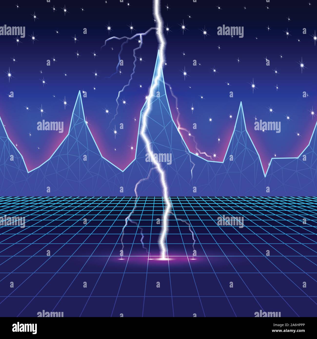 Neon new retro wave computer landscape with lightning Stock Vector ...