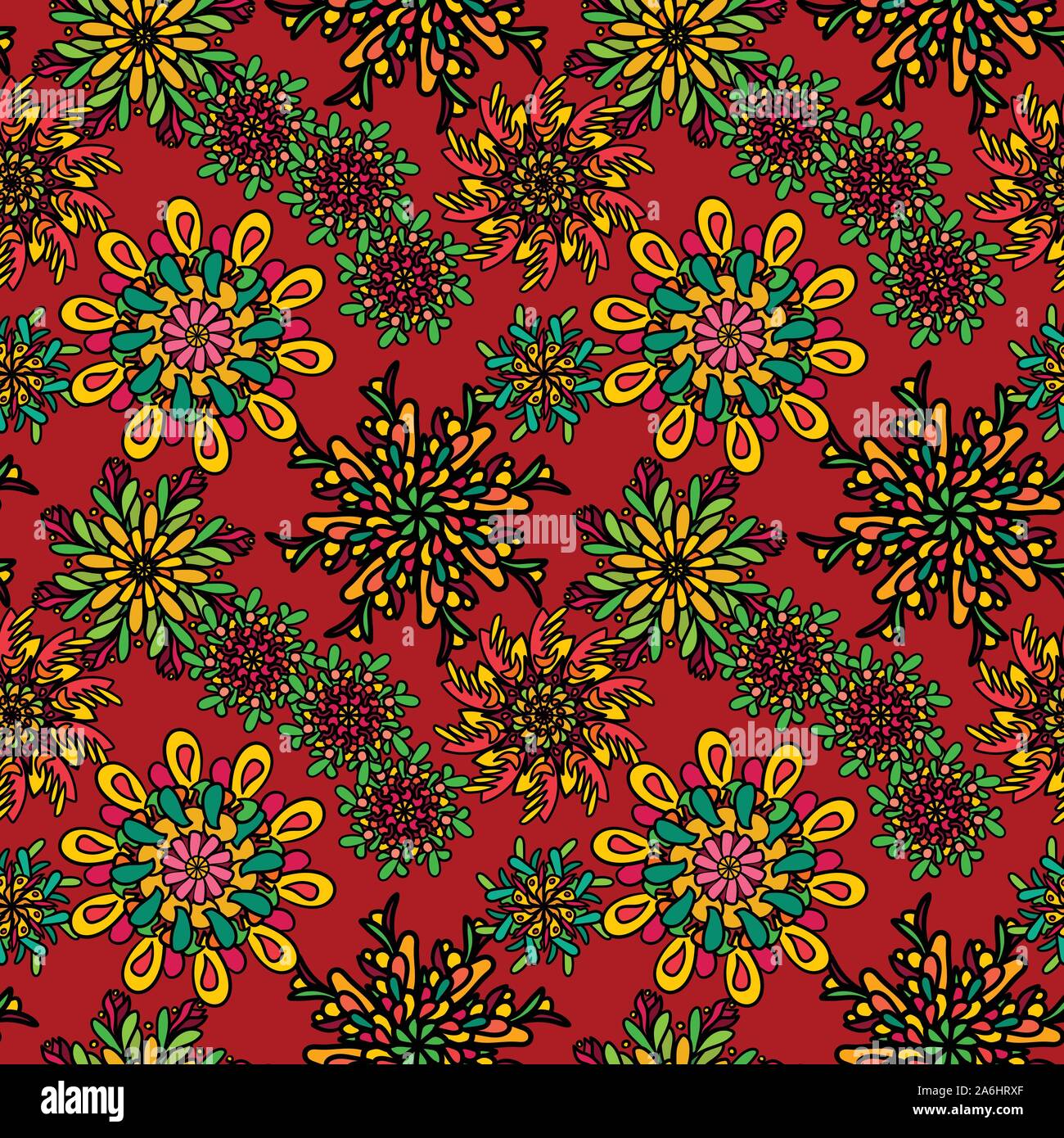 Seamless pattern with bright colorful drawn mandala flowers Stock ...