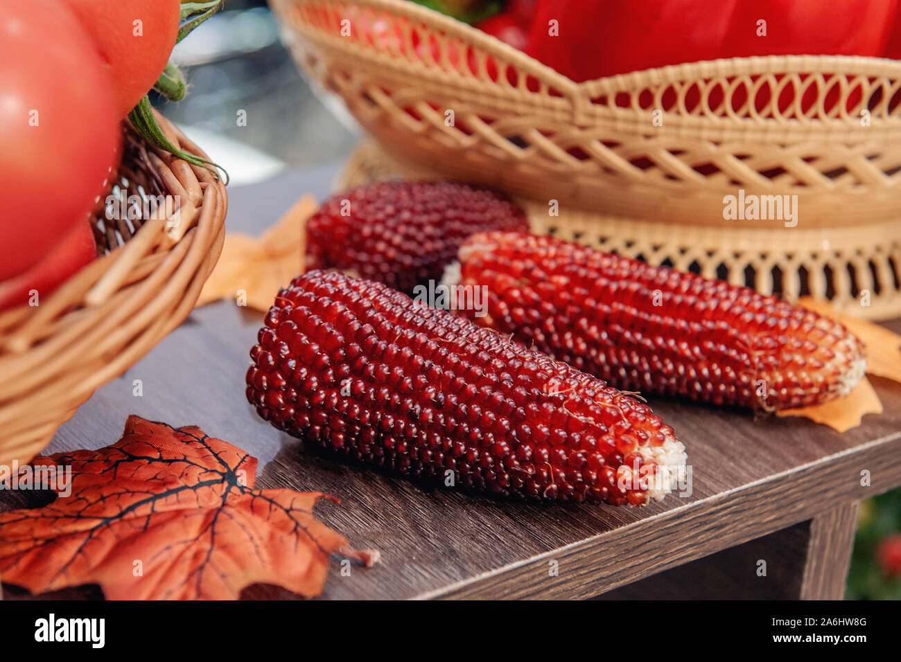 One ear of red corn lies among the vegetables in the farmer's market ...
