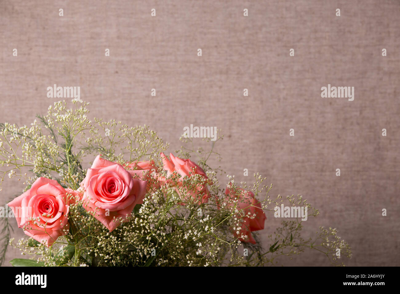 Background with a bouquet of fresh beautiful roses for congratulations ...