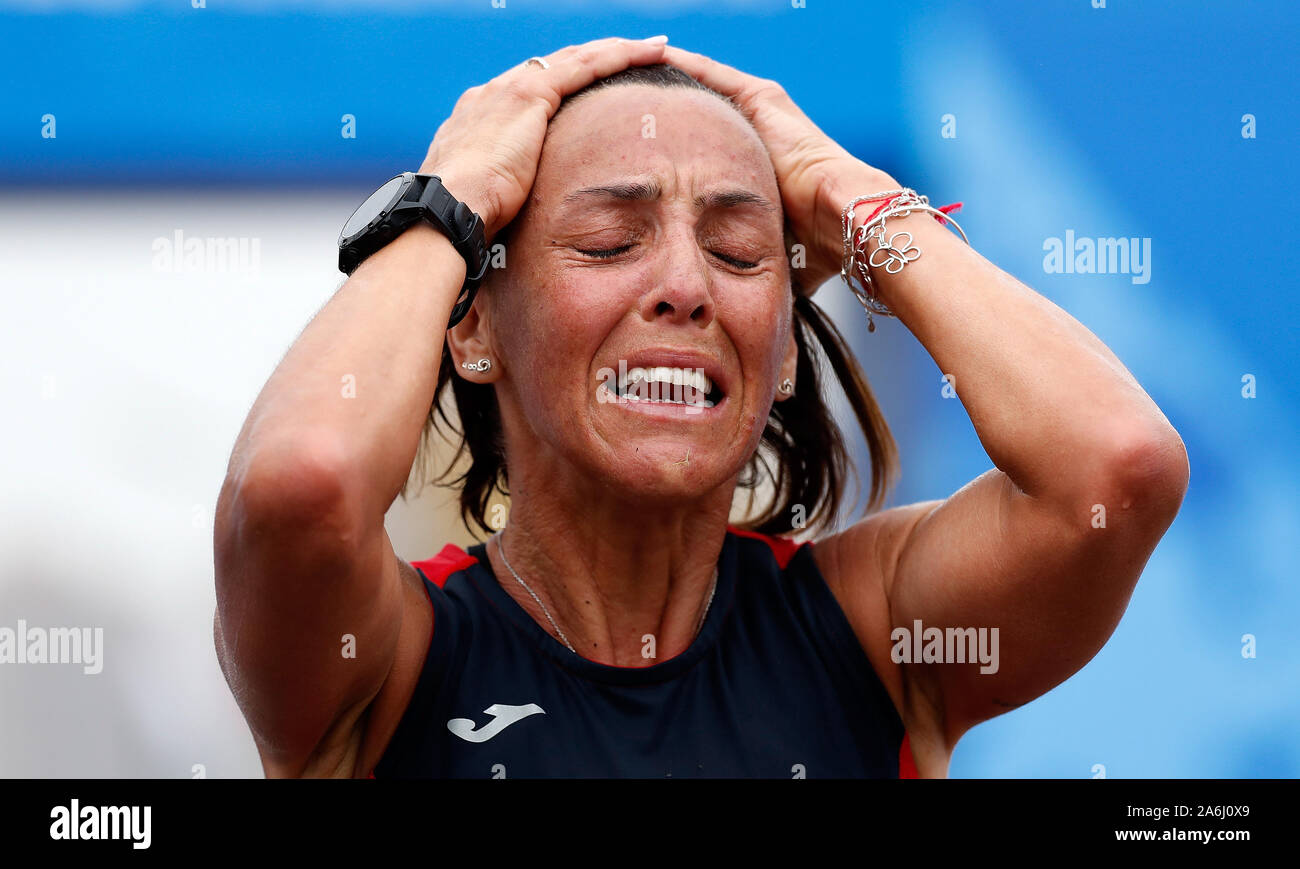 Wuhan, China. 27th Oct, 2019. Ramos Henar Fernandez of Spain cries at ...