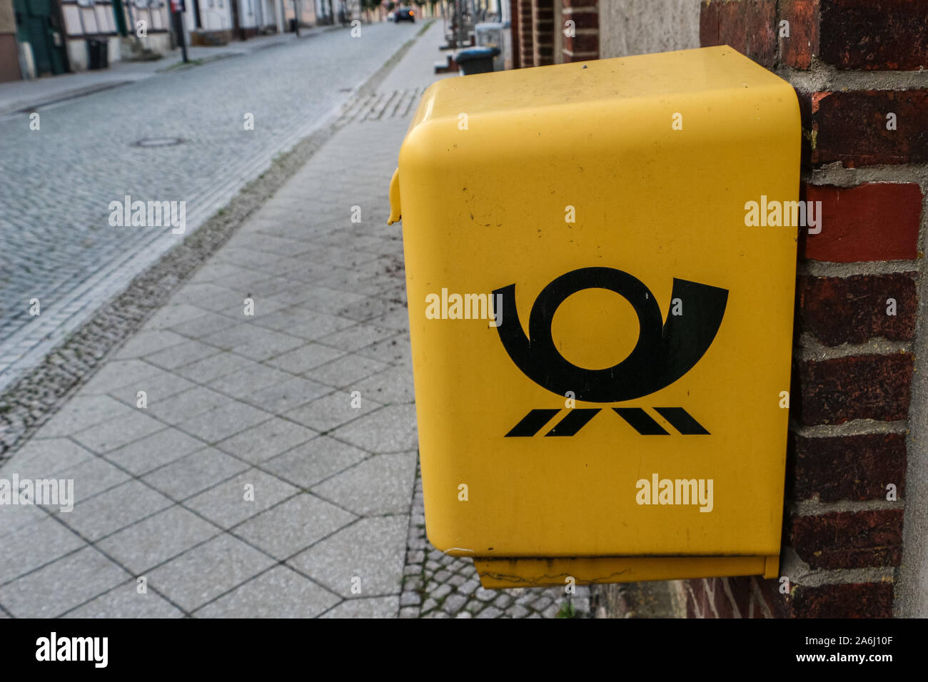 Deutsche Post (German post) yellow mail box is seen in Kyritz ...
