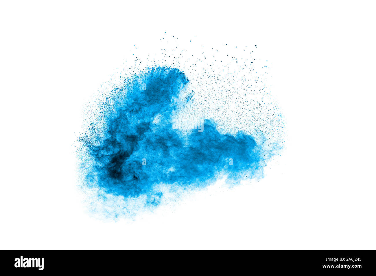 Bizarre forms of blue powder explode cloud on white background ...