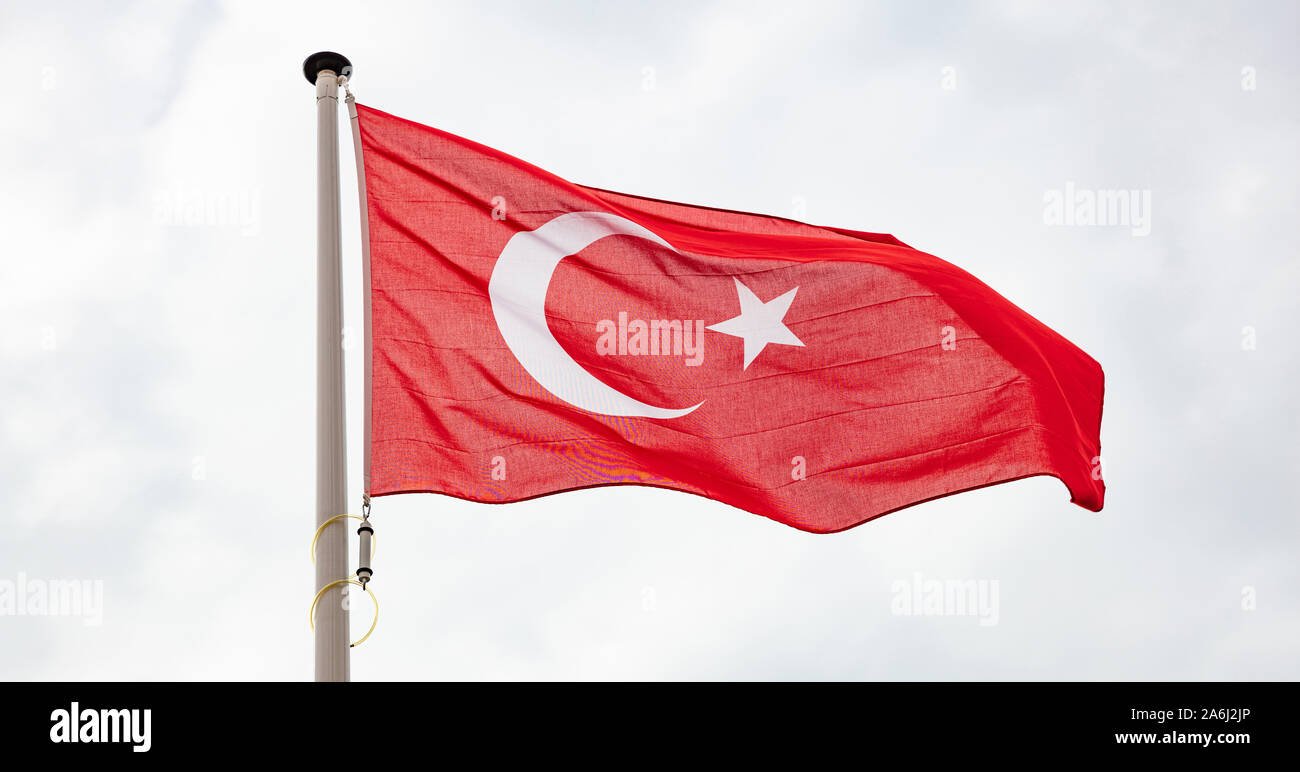 Turkey flag. Turkish national sign and symbol waving on a flagpole ...