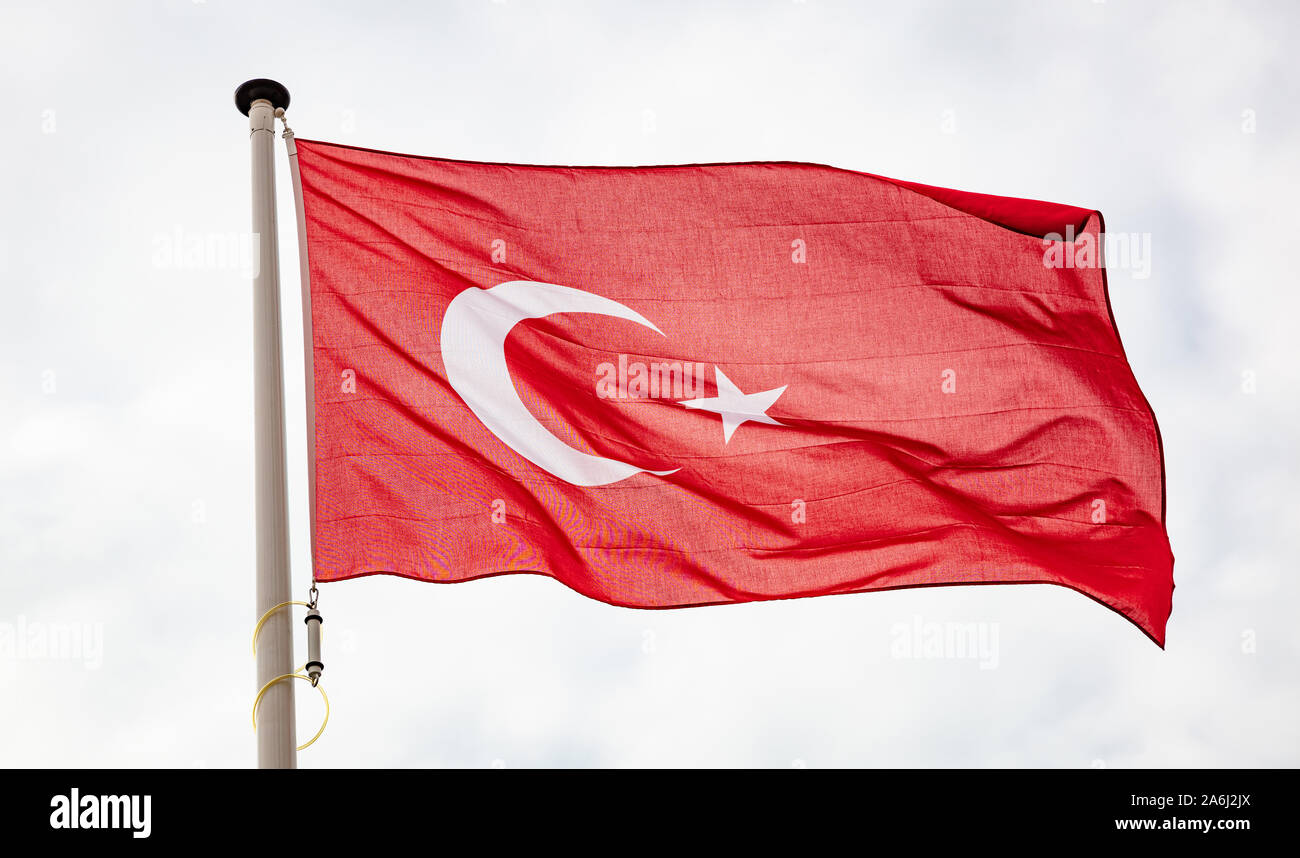 Turkey flag. Turkish national sign and symbol waving on a flagpole ...