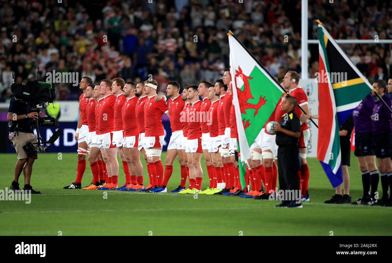 Wales players stand for the national anthem before the 2019 Rugby World ...