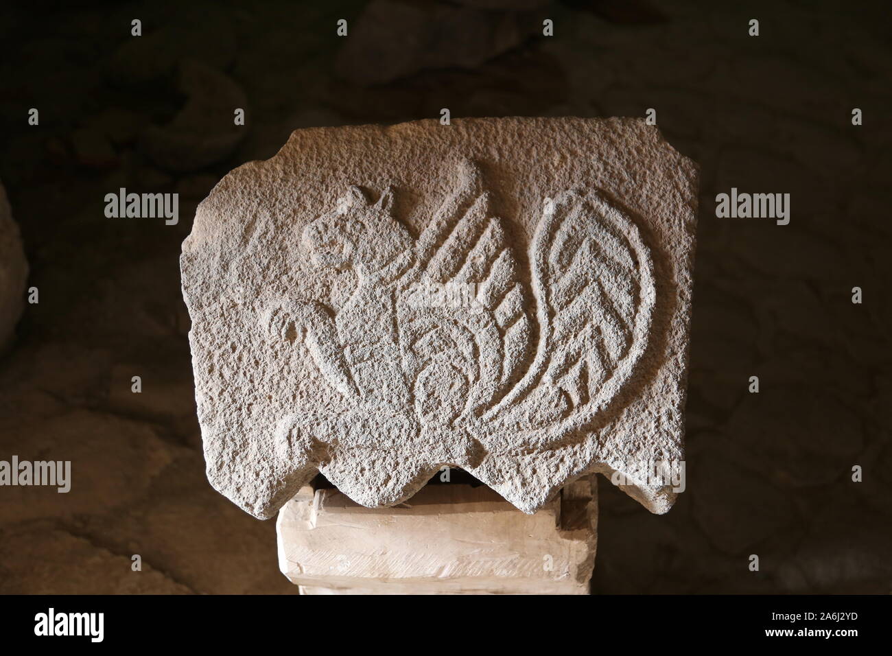 Stone carving of a Simurgh (Persian mythical bird), Qasr Al Azraq ...