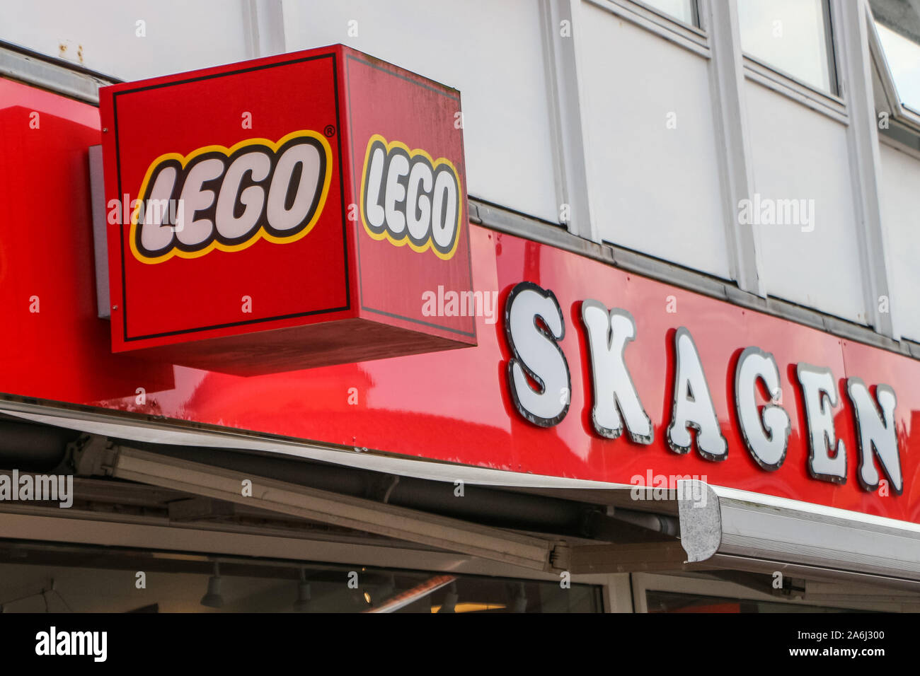 Lego Skagen Toys shop is seen in Skagen, Denmark on 28 July 2019 Skagen ...