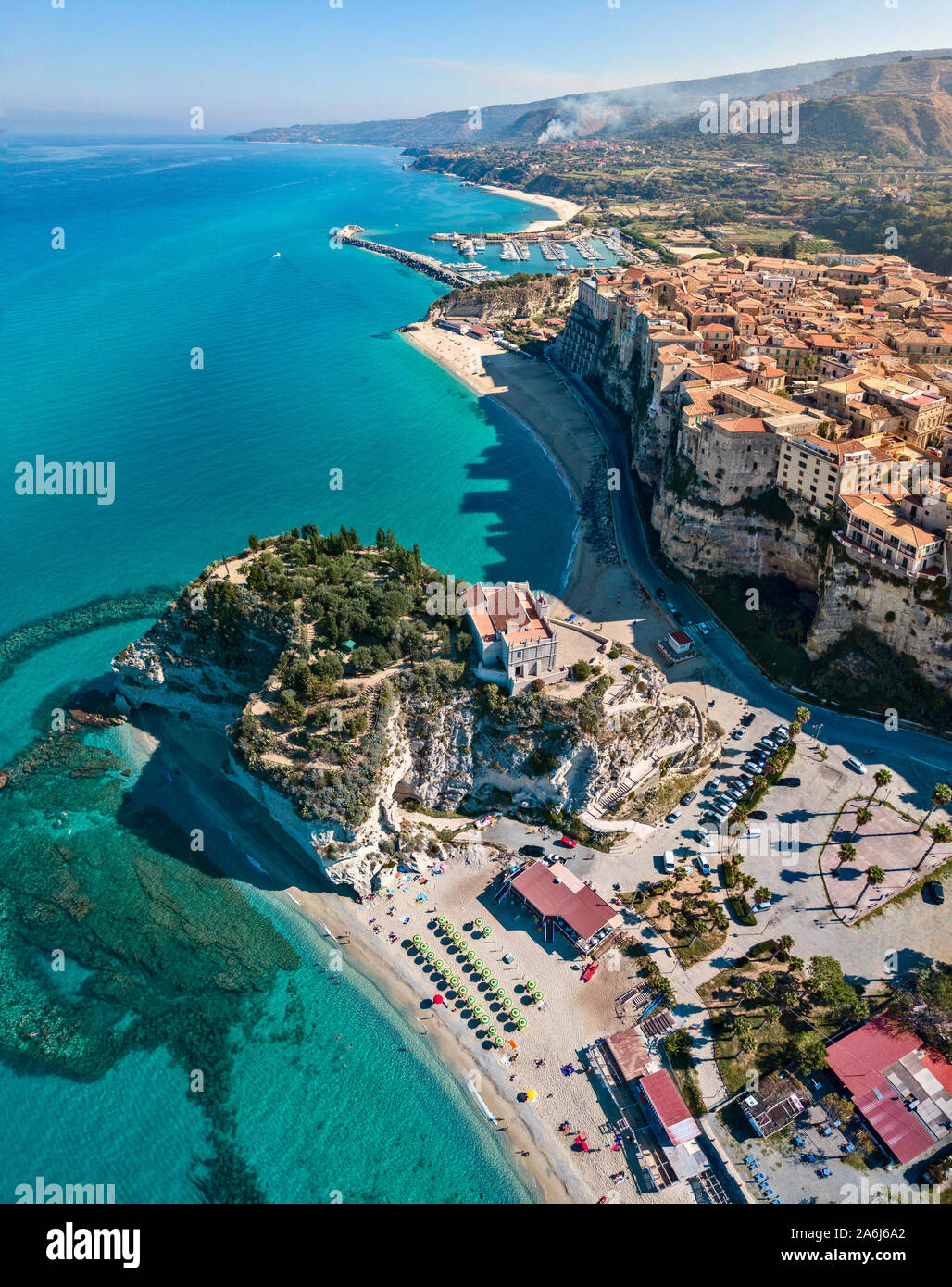 Aerial view of Tropea, house on the rock and Sanctuary of Santa Maria ...
