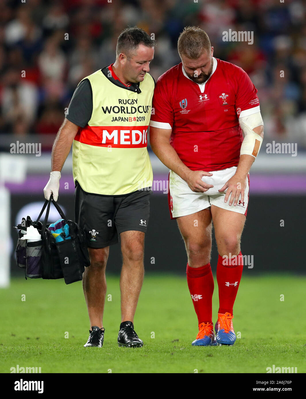 Wales' Tomas Francis leaves the pitch injured during the 2019 Rugby ...