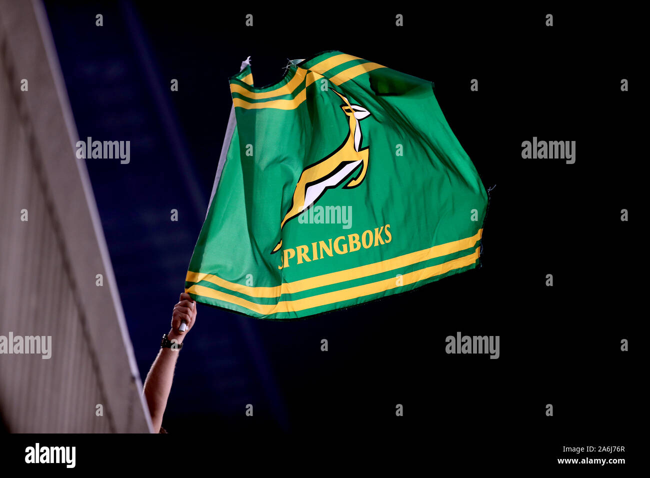 A Springboks flag is waved by a fan during the 2019 Rugby World Cup ...