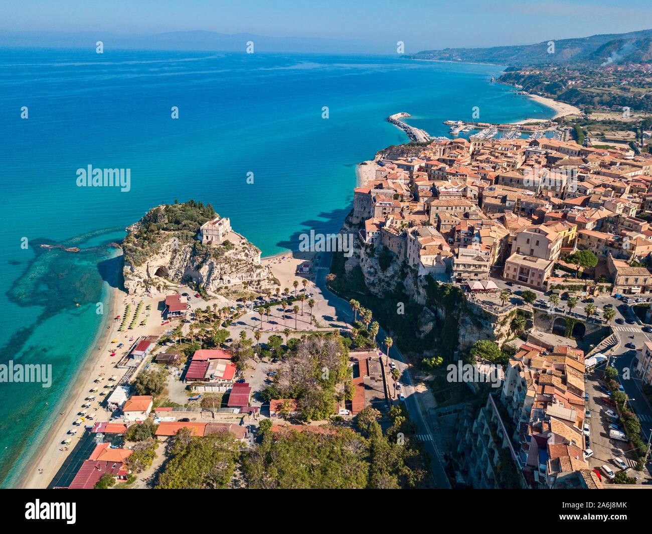 Aerial view of Tropea, house on the rock and Sanctuary of Santa Maria ...
