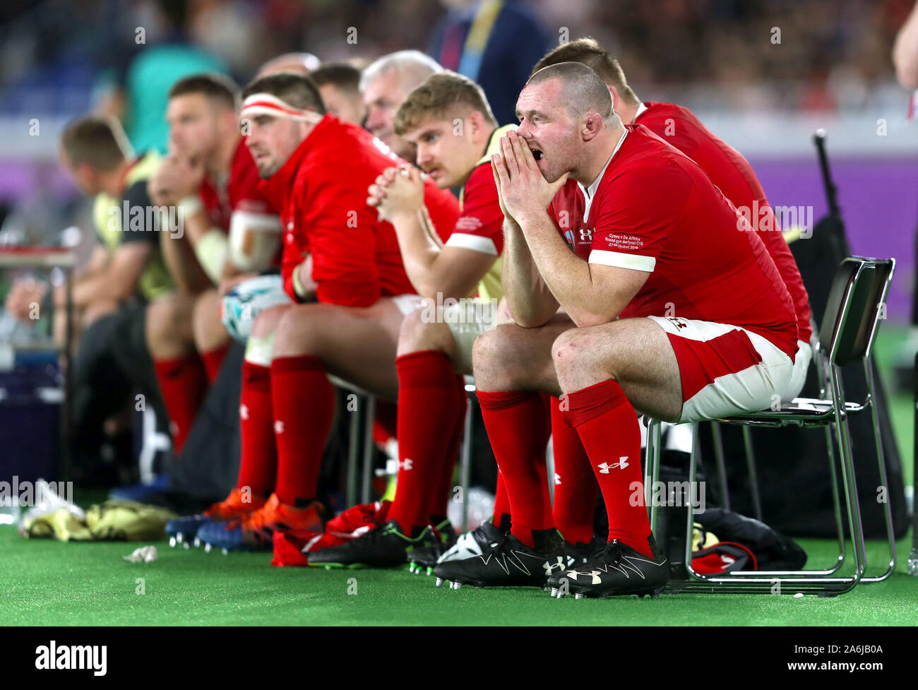 Wales' Ken Owens appears dejected on the bench during the 2019 Rugby ...